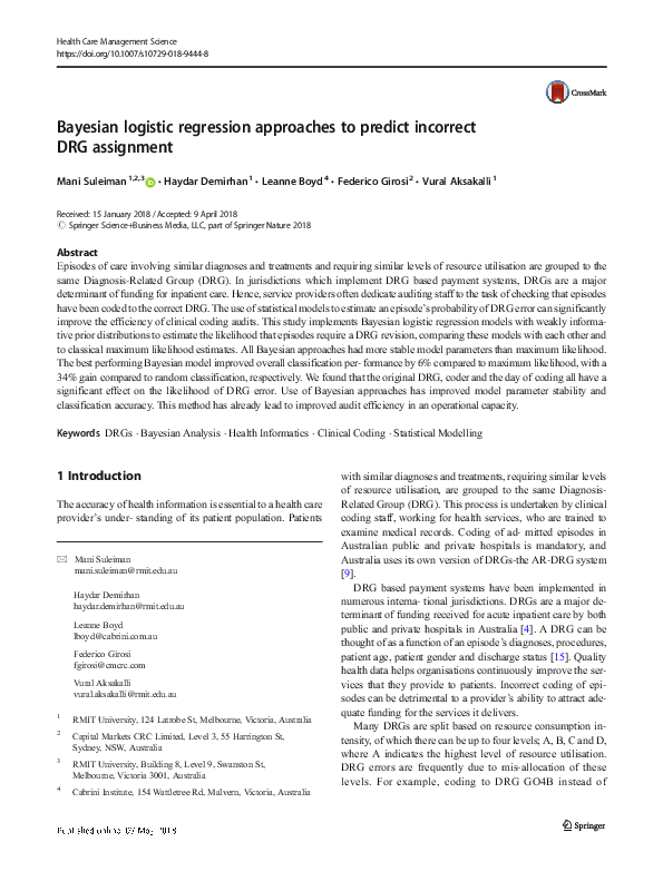 (PDF) Bayesian logistic regression approaches to predict incorrect DRG ...