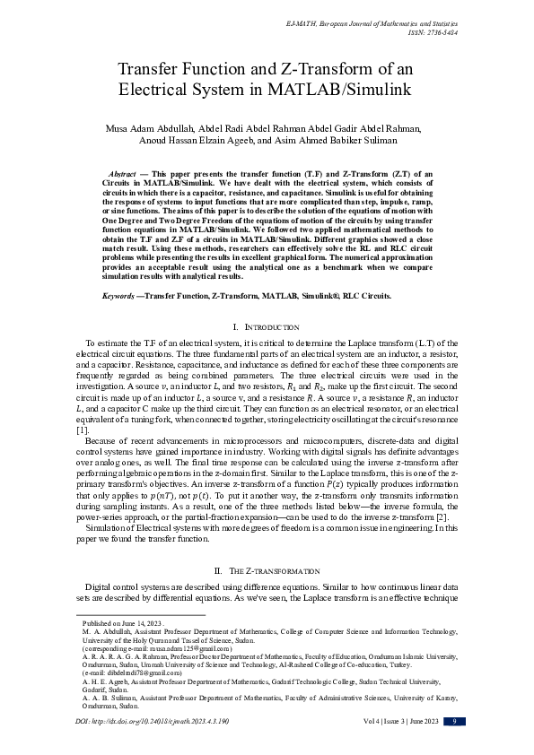 (PDF) Transfer Function and Z-Transform of an Electrical System in ...
