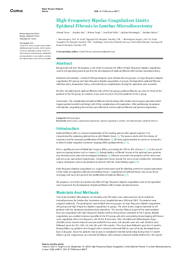 (PDF) High-Frequency Bipolar Coagulation Limits Epidural Fibrosis in ...
