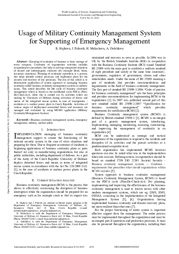 (PDF) Usage Of Military Continuity Management System For Supporting Of ...