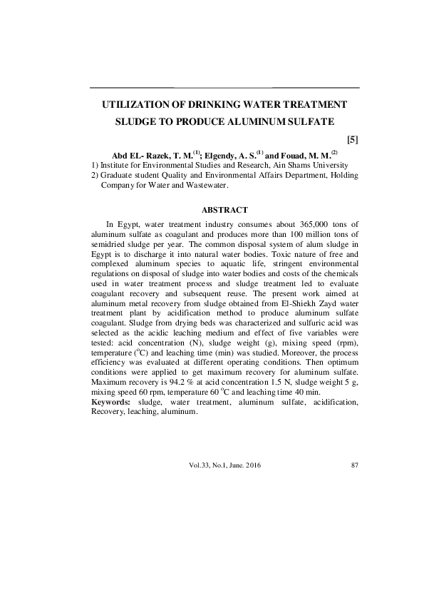 (PDF) Utilization of Drinking Water Treatment Sludge to Produce ...