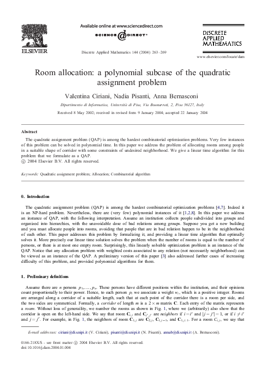 (PDF) Room allocation: a polynomial subcase of the quadratic assignment ...