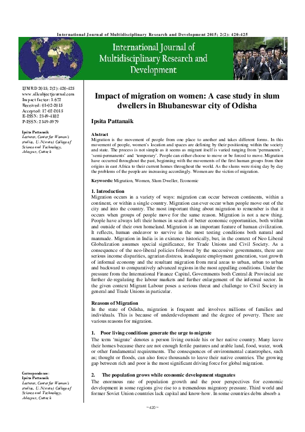 (PDF) Impact of migration on women: A case study in slum dwellers in ...