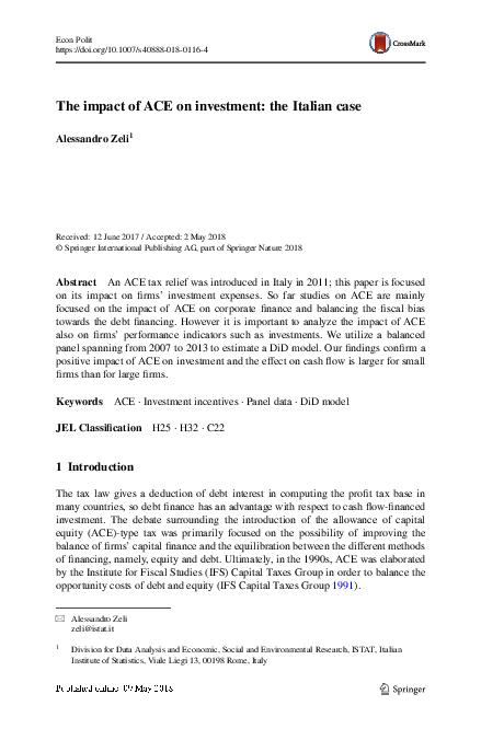 (PDF) The impact of ACE on investment: the Italian case