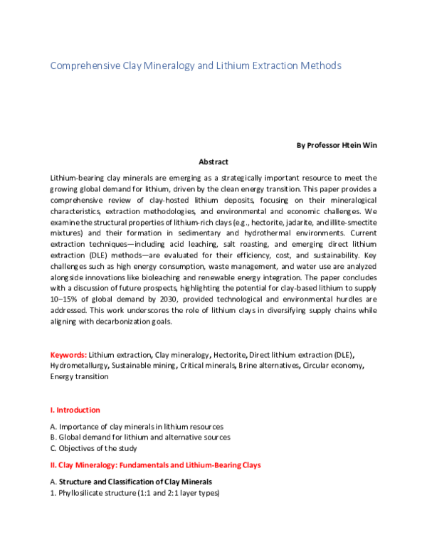 (PDF) Comprehensive Clay Mineralogy and Lithium Extraction Methods