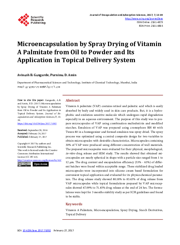 (PDF) Microencapsulation by Spray Drying of Vitamin A Palmitate from ...