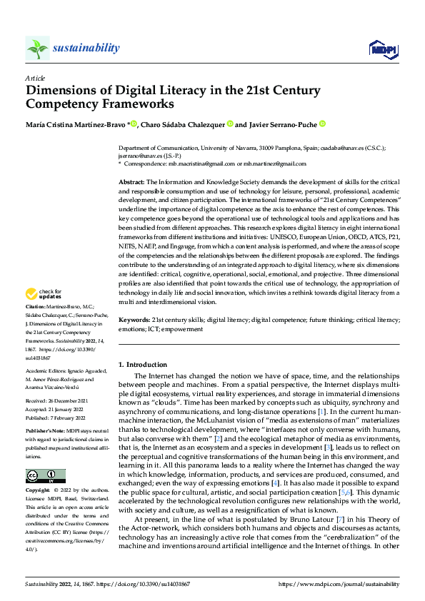 (PDF) Dimensions of Digital Literacy in the 21st Century Competency Frameworks