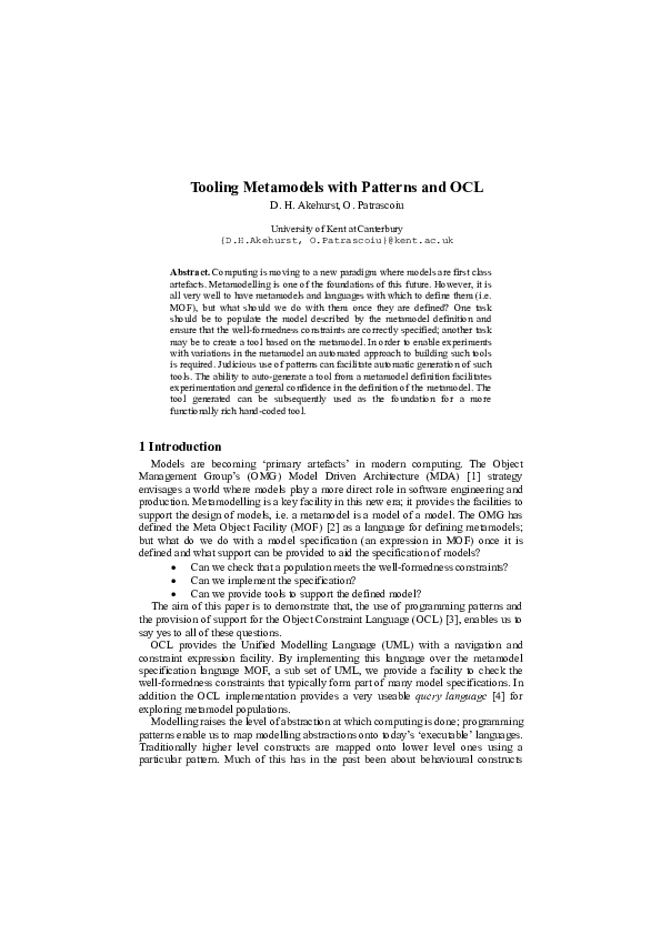(PDF) Tooling Metamodels with Patterns and OCL