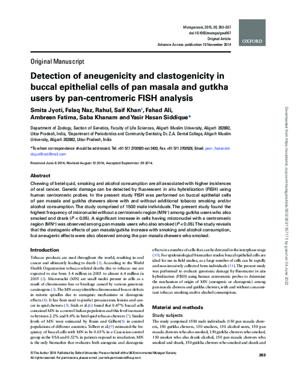 (PDF) Detection of aneugenicity and clastogenicity in buccal epithelial ...