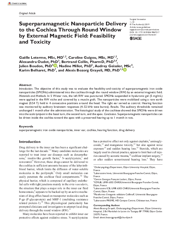 (PDF) Superparamagnetic Nanoparticle Delivery to the Cochlea Through Round Window by External ...