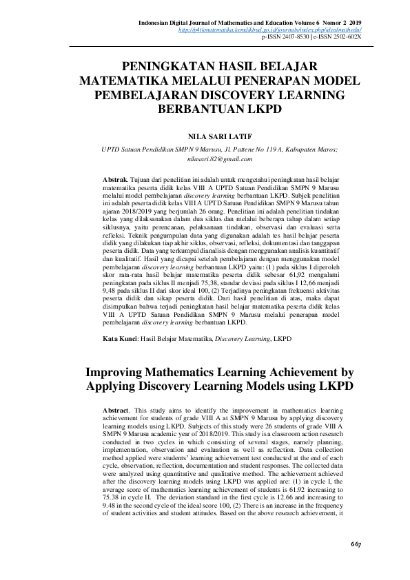 (PDF) Peningkatan Hasil Belajar Matematika melalui Penerapan Model Pembelajaran Discovery ...