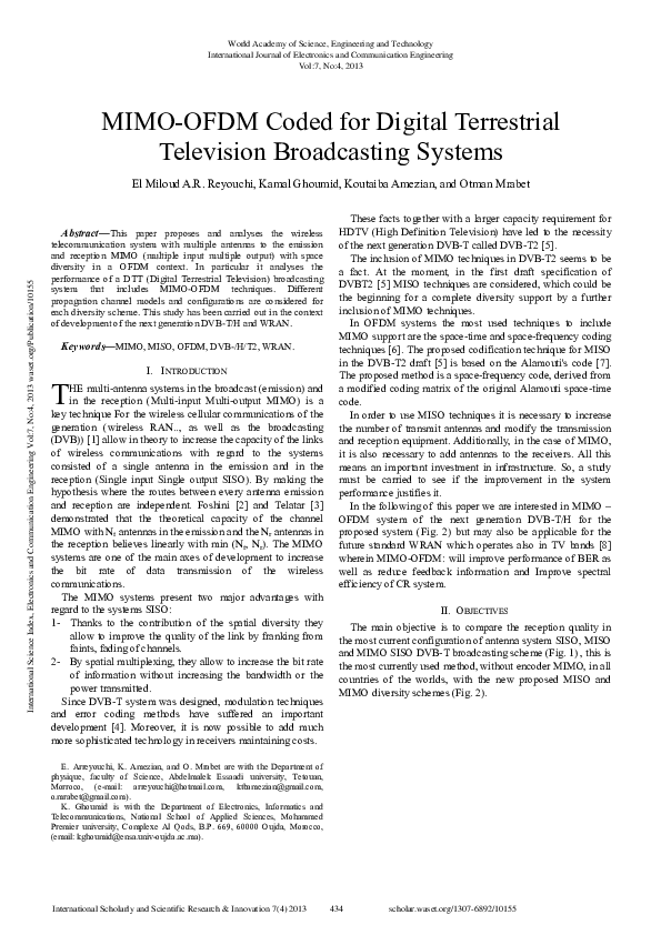 (PDF) Mimo-Ofdm Coded For Digital Terrestrial Television Broadcasting Systems