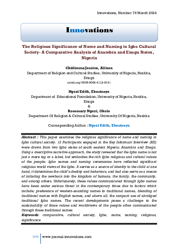(PDF) The Religious Significance of Name and Naming in Igbo Cultural ...