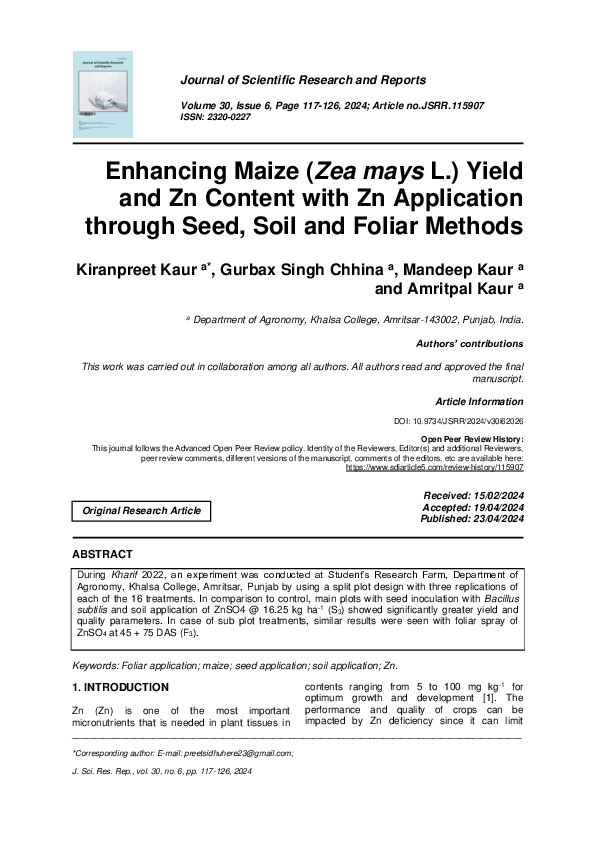 (PDF) Enhancing Maize (Zea mays L.) Yield and Zn Content with Zn ...