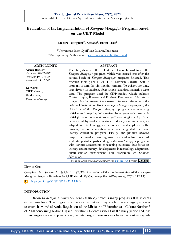 (PDF) Evaluation of the Implementation of the Kampus Mengajar Program Based on the CIPP Model
