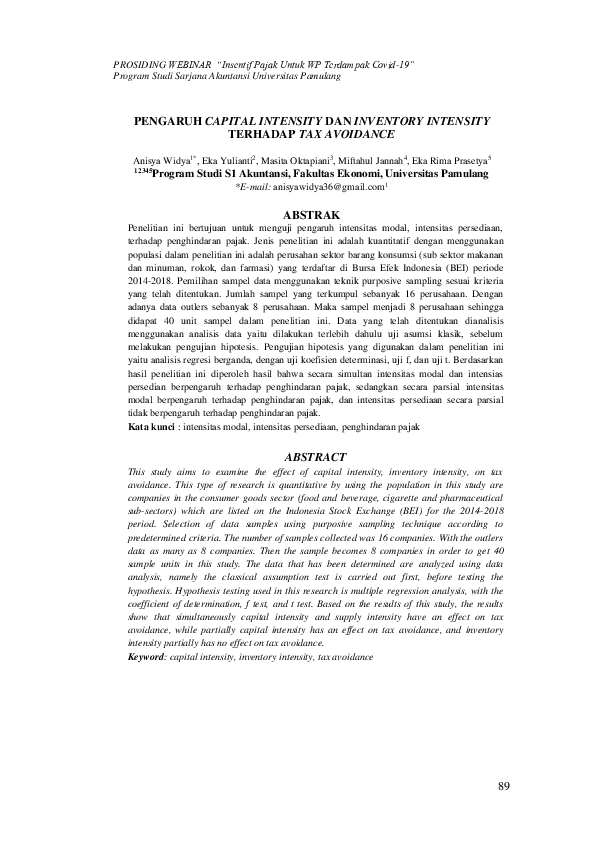 (PDF) Pengaruh Capital Intensity Dan Inventory Intensity Terhadap Tax Avoidance