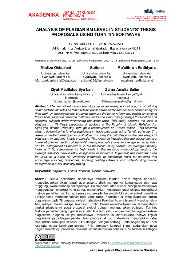 (PDF) Analysis of Plagiarism Level in Students' Thesis Proposals Using Turnitin Software
