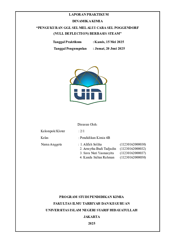 (PDF) LAPORAN PRAKTIKUM DINAMIKA KIMIA "PENGUKURAN GGL SEL MELALUI CARA ...