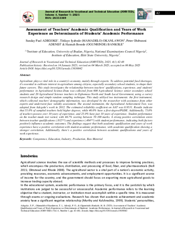 (PDF) Assessment of Teachers' Academic Qualification and Years of Work ...