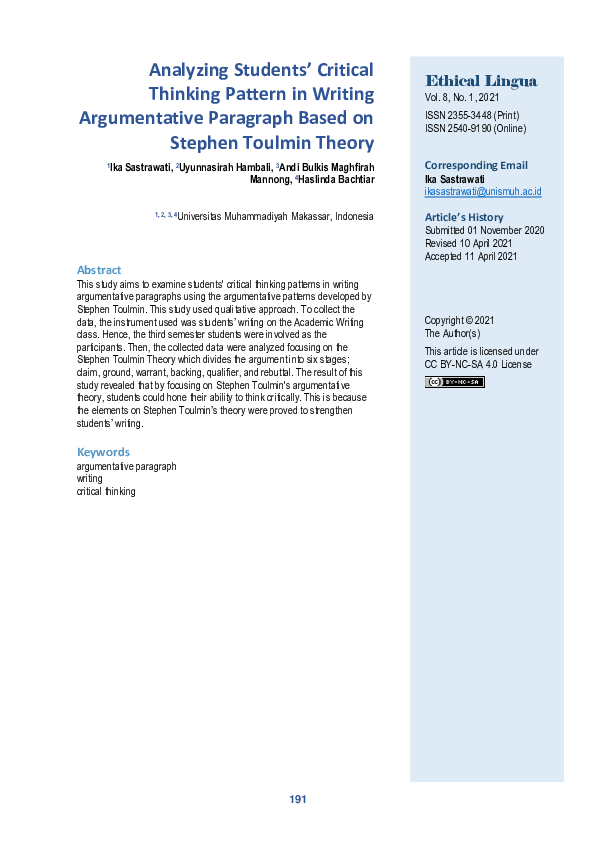 (PDF) Analyzing Students’ Critical Thinking Pattern in Writing Argumentative Paragraph Based on ...