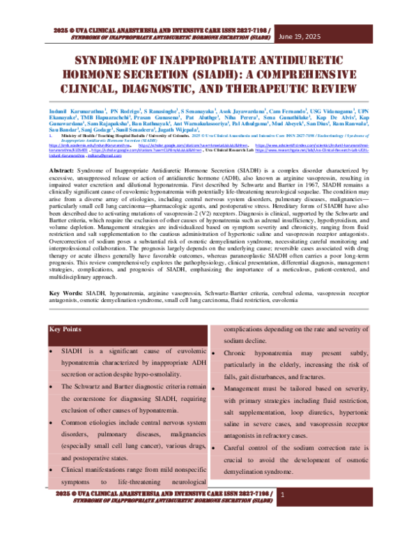 (PDF) Syndrome of Inappropriate Antidiuretic Hormone Secretion (SIADH ...