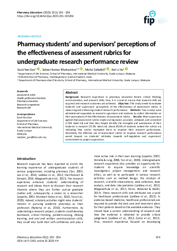 (PDF) Pharmacy students’ and supervisors’ perceptions of the effectiveness of assessment rubrics ...