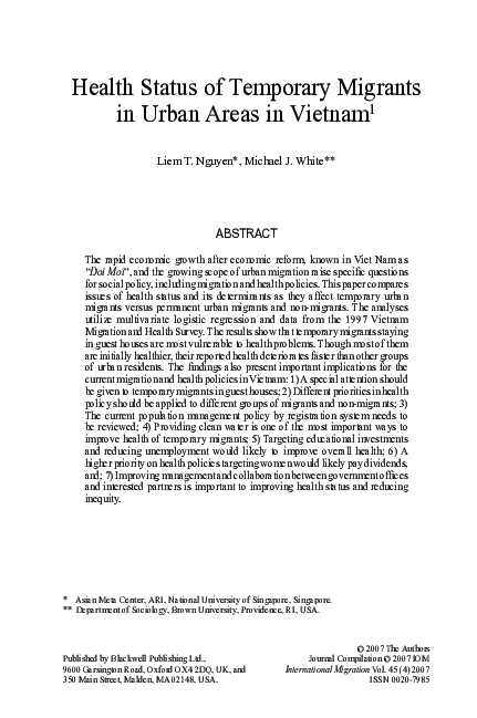 (PDF) Health Status of Temporary Migrants in Urban Areas in Vietnam1