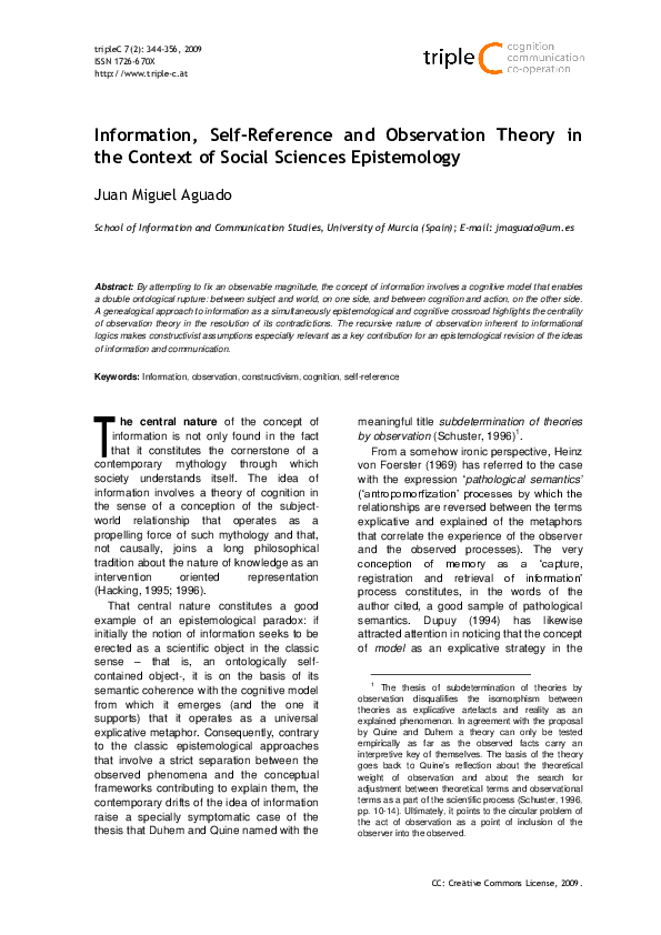 (PDF) Information, Self-Reference and Observation Theory in the Context ...