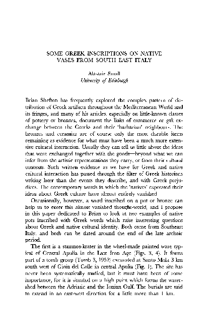(PDF) Some Greek Inscriptions on Native Vases from South East Italy