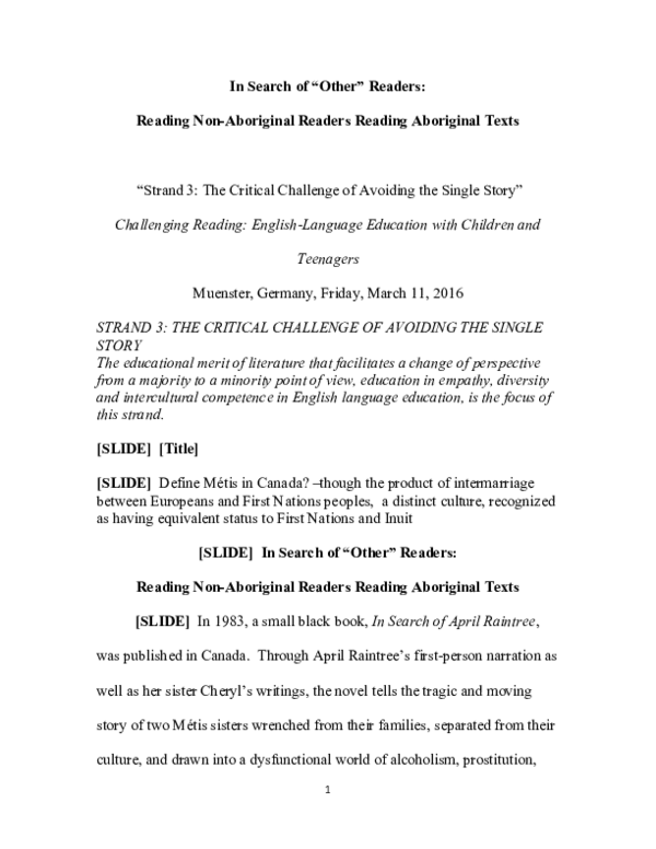 (PDF) In Search of "Other" Readers: Reading Non-Aboriginal Readers ...