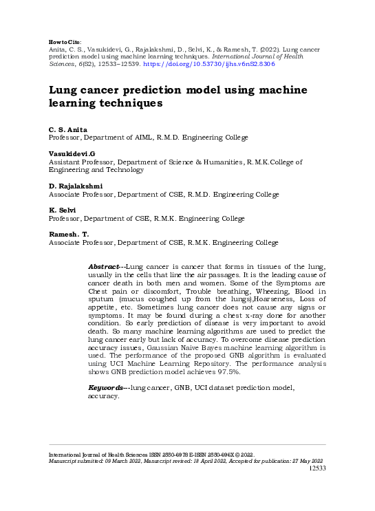 (PDF) Lung cancer prediction model using machine learning techniques