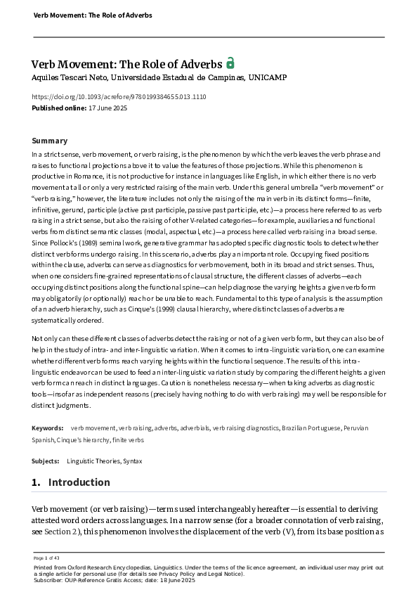 (PDF) Verb Movement: The Role of Adverbs