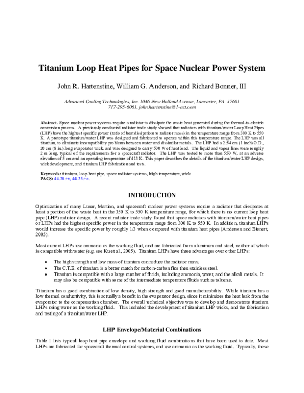 (PDF) Titanium Loop Heat Pipes for Space Nuclear Power Systems