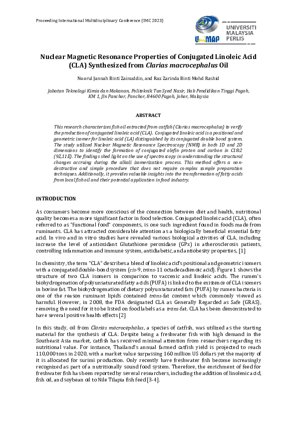 (PDF) Nuclear Magnetic Resonance Properties of Conjugated Linoleic Acid ...
