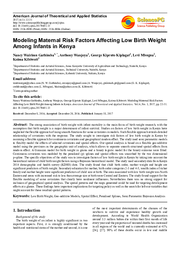 (PDF) Modeling Maternal Risk Factors Affecting Low Birth Weight Among ...