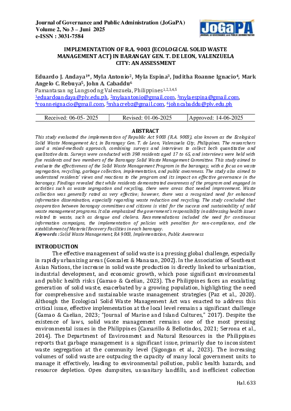 (PDF) Implementation of R.A. 9003 (Ecological Solid Waste Management Act) in Barangay Gen. T. de ...