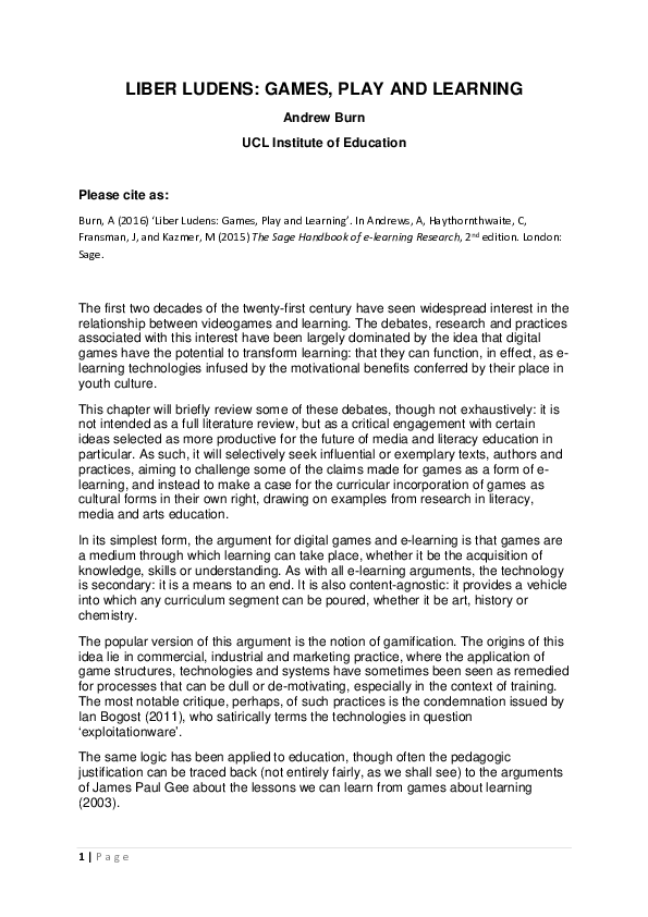 (PDF) Liber Ludens: Games, Play and Learning