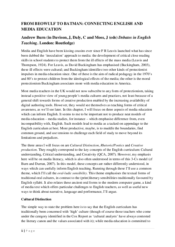 (PDF) From Beowulf to Batman: Connecting English and media education