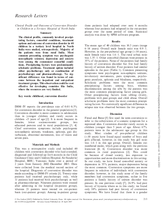 (PDF) Clinical Profile and Outcome of Conversion Disorder in Children ...
