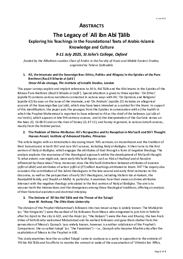 (PDF) Conference Abstracts: The Legacy of ʿAlī ibn Abī Ṭālib: Exploring ...