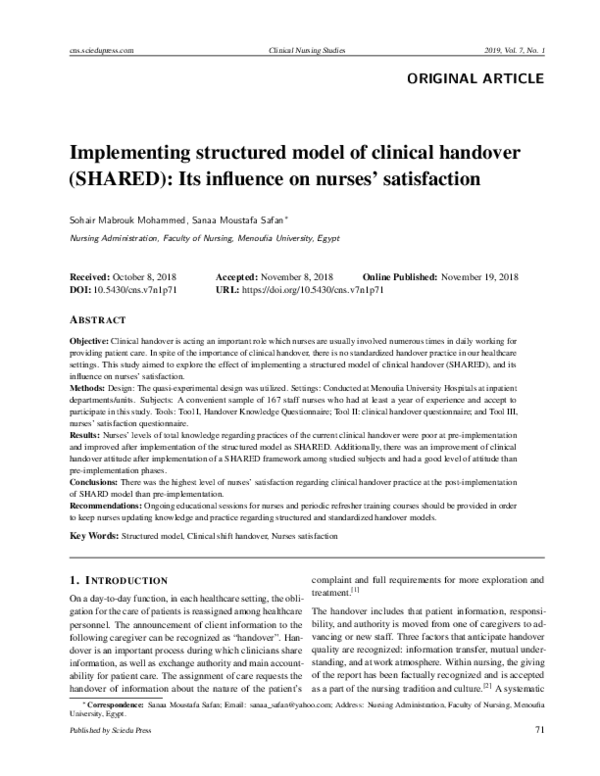 (PDF) Implementing structured model of clinical handover (SHARED): Its ...