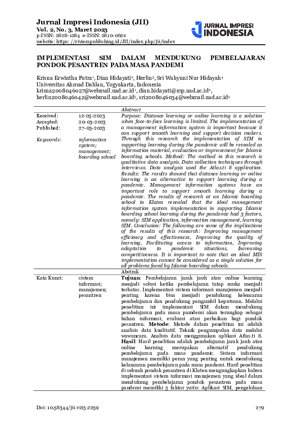 (PDF) Implementasi SIM dalam Mendukung Pembelajaran Pondok Pesantren pada Masa Pandemi