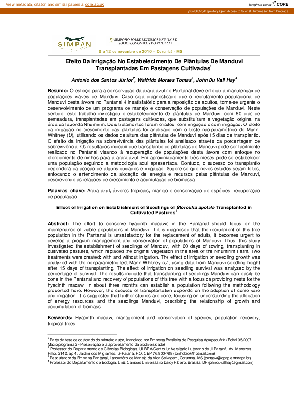 (PDF) Efeito da irrigação no estabelecimento de plântulas de Manduvi ...