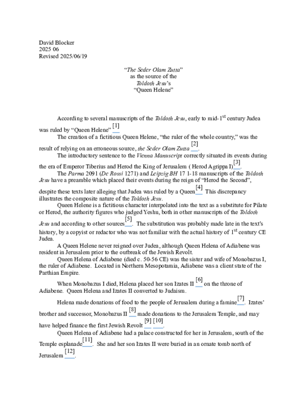 (PDF) The Sedar Olam Zutta as the source of the Toldoth Jesu' s Queen ...