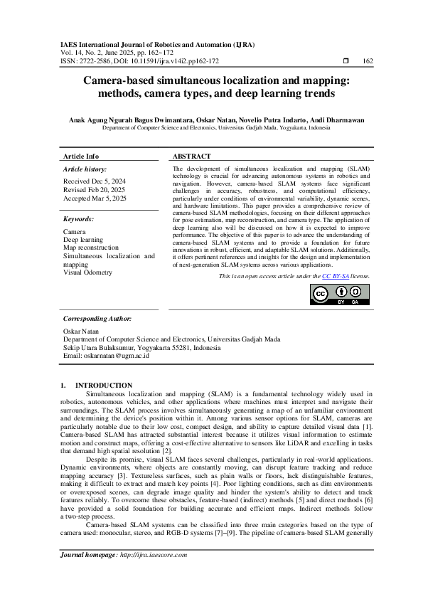 Pdf Camera Based Simultaneous Localization And Mapping Methods Camera Types And Deep