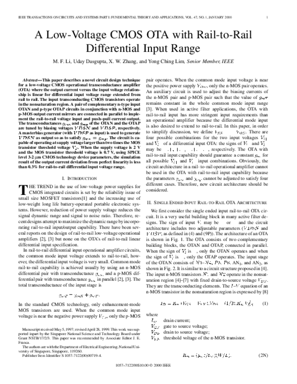 (PDF) A low-voltage CMOS OTA with rail-to-rail differential input range