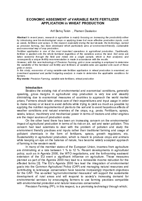 (PDF) ECONOMIC ASSESMENT of VARIABLE RATE FERTILIZER APPLICATION in ...