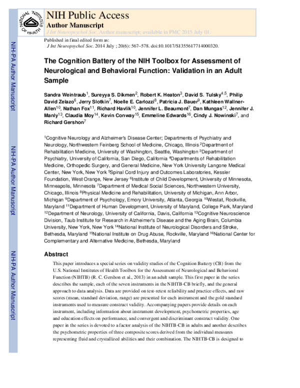 (PDF) The Cognition Battery of the NIH Toolbox for Assessment of ...