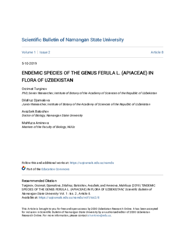 (PDF) Endemic Species of the Genus Ferula L. (Apiaceae) in Flora of ...
