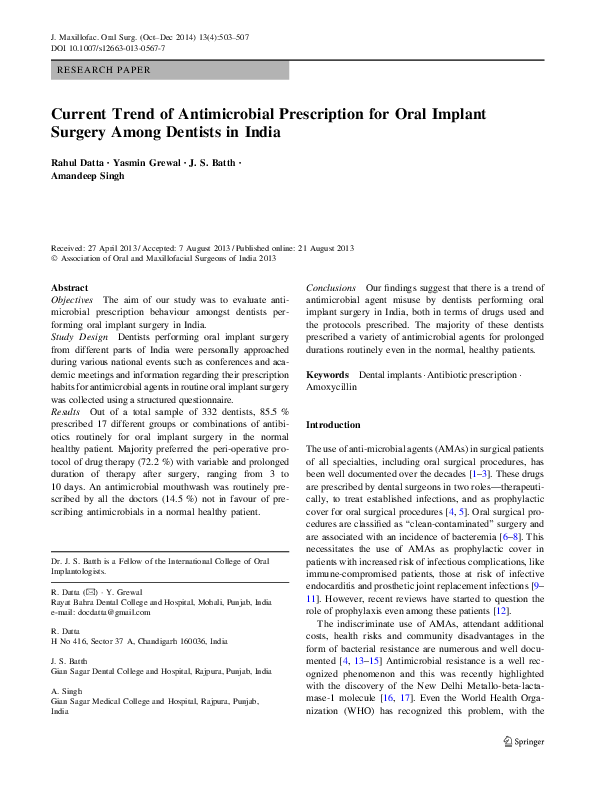 (PDF) Current Trend of Antimicrobial Prescription for Oral Implant Surgery Among Dentists in India